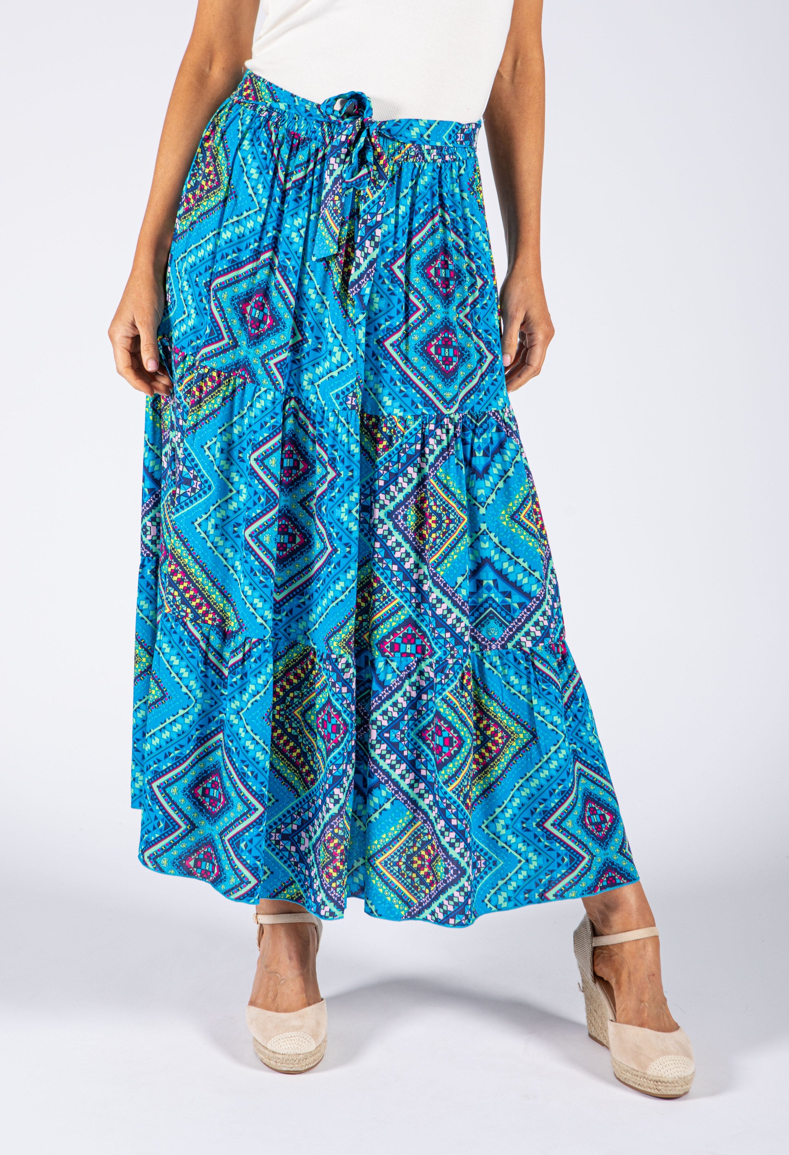 Pamela Scott Aztec Print Skirt in Blue | Pamela Scott