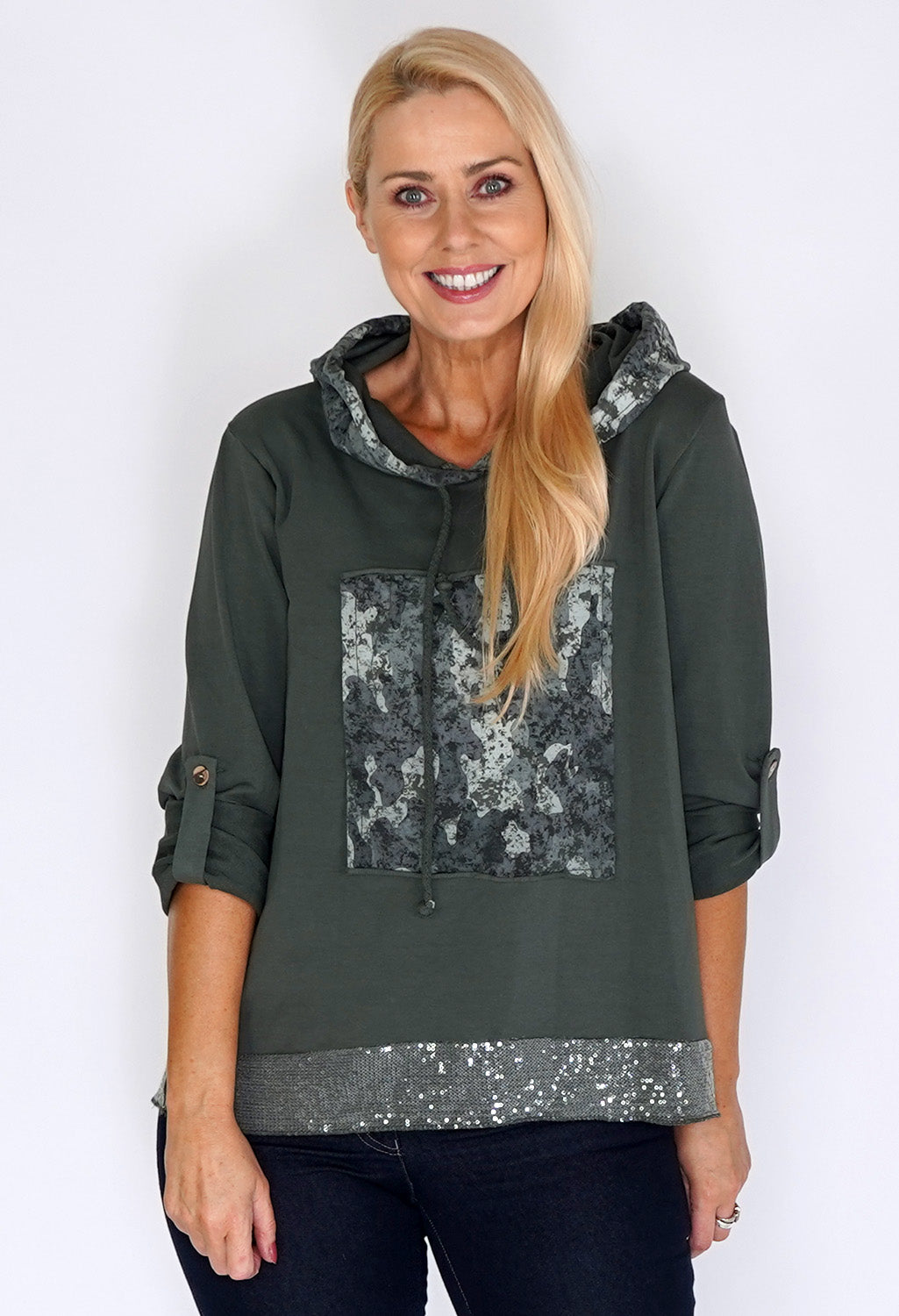 Zapara Zapara Khaki Jumper with Glitter Hem and Camouflage Hood ...