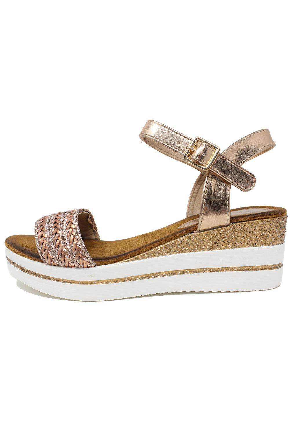 The Shoe Room Rose Gold Wedge Sandal | Pamela Scott