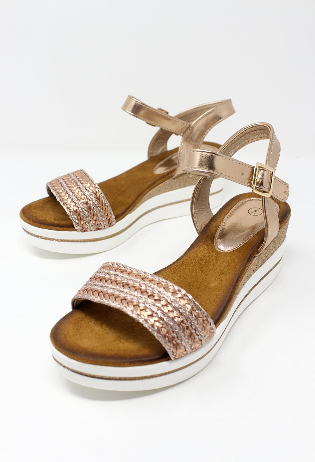 The Shoe Room Rose Gold Wedge Sandal | Pamela Scott